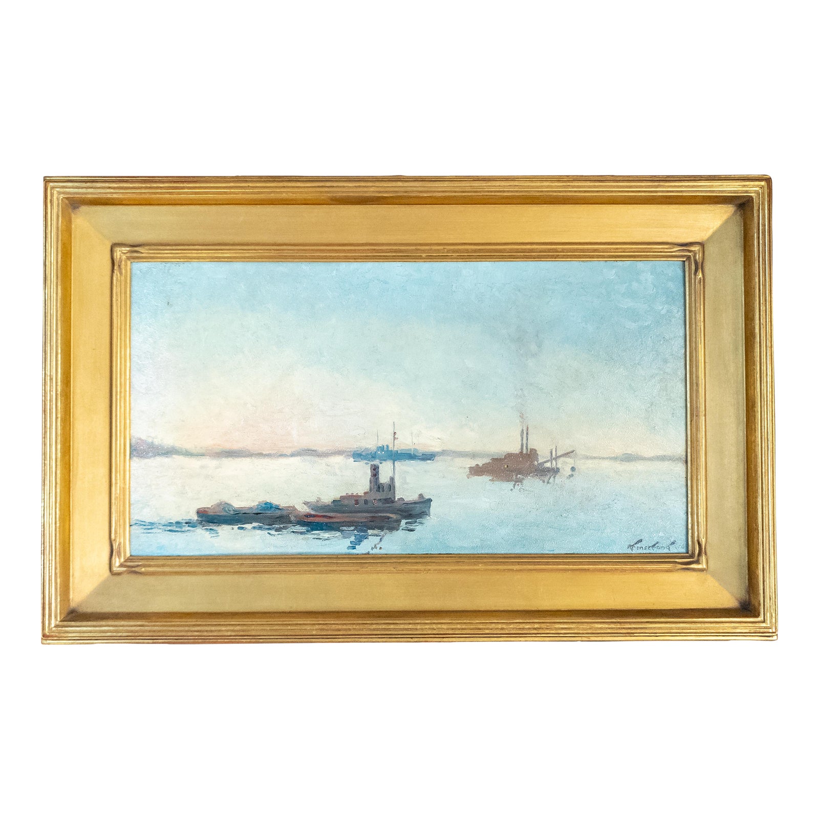 Early 20th Century American Impressionist Harbor Scene Painting With ...