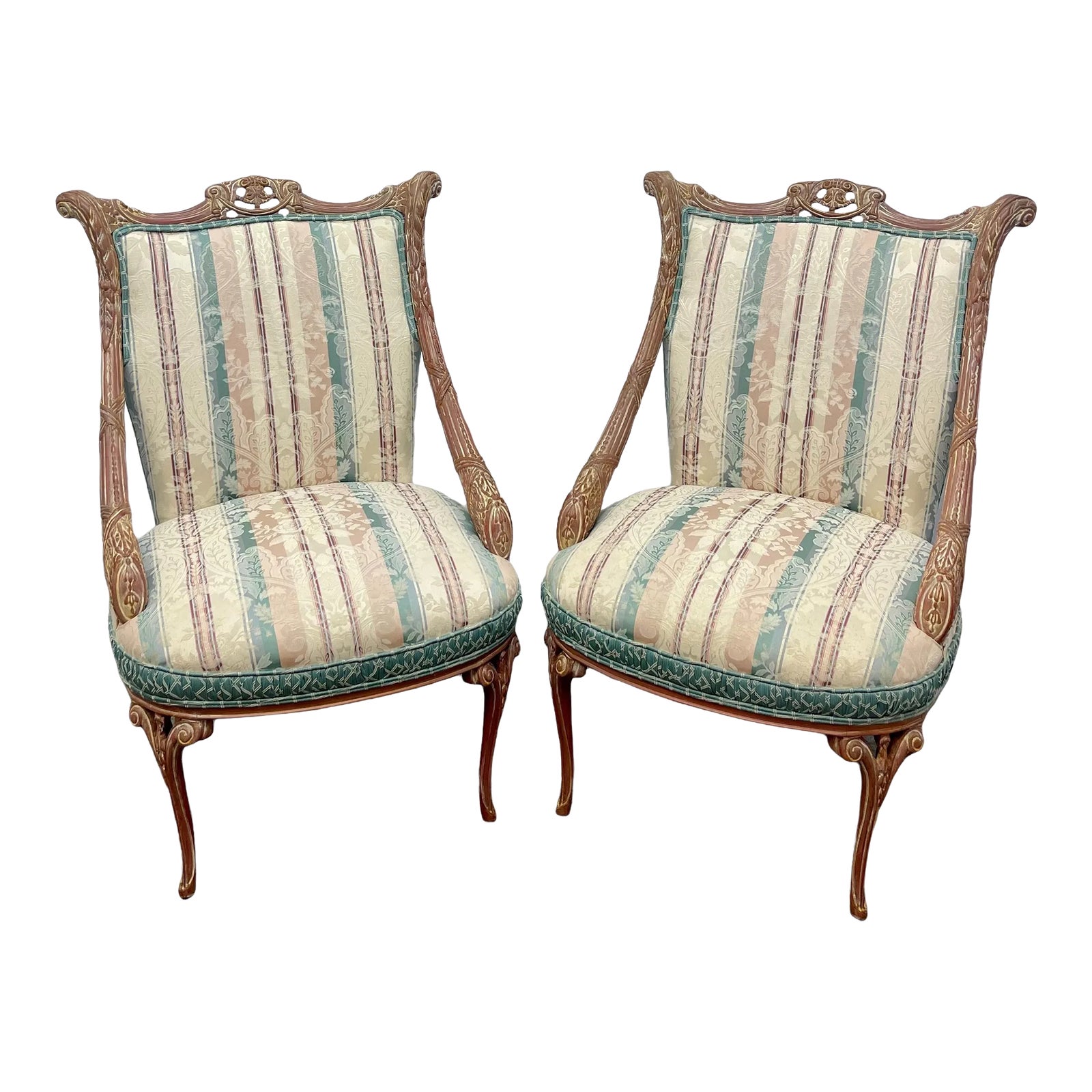 Vintage Regency Style Pickled Whitewash Upholstered Accent Chairs ...