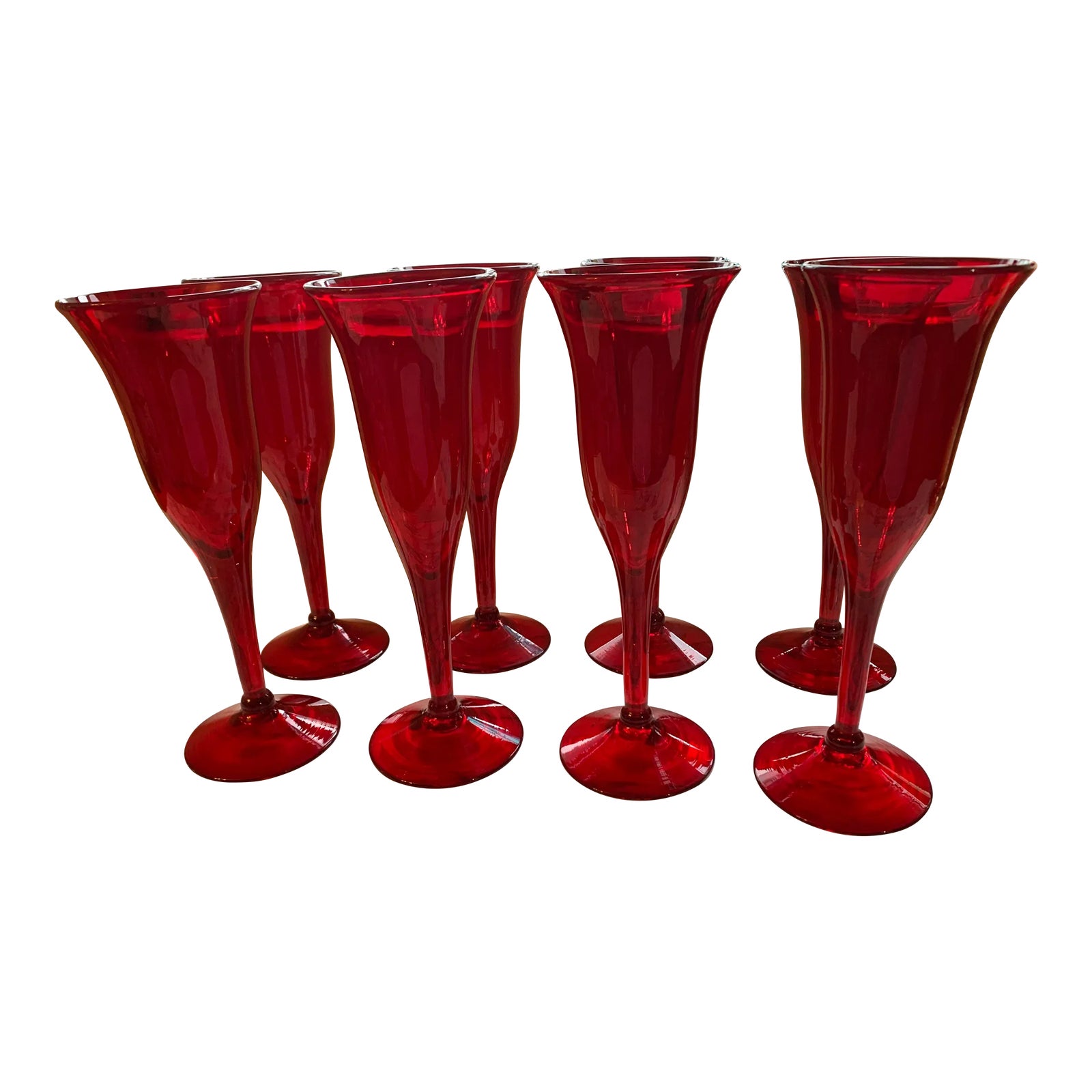 Ruby Red Tall Handblown Champagne Flutes Set of 8 | Chairish
