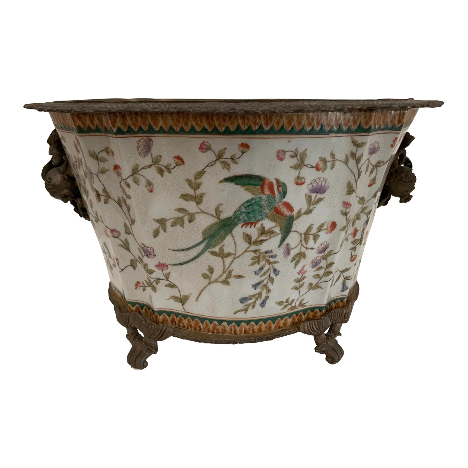 Mid 20th Century Oval Porcelain Cachepot Planter With Brass Ormolu ...