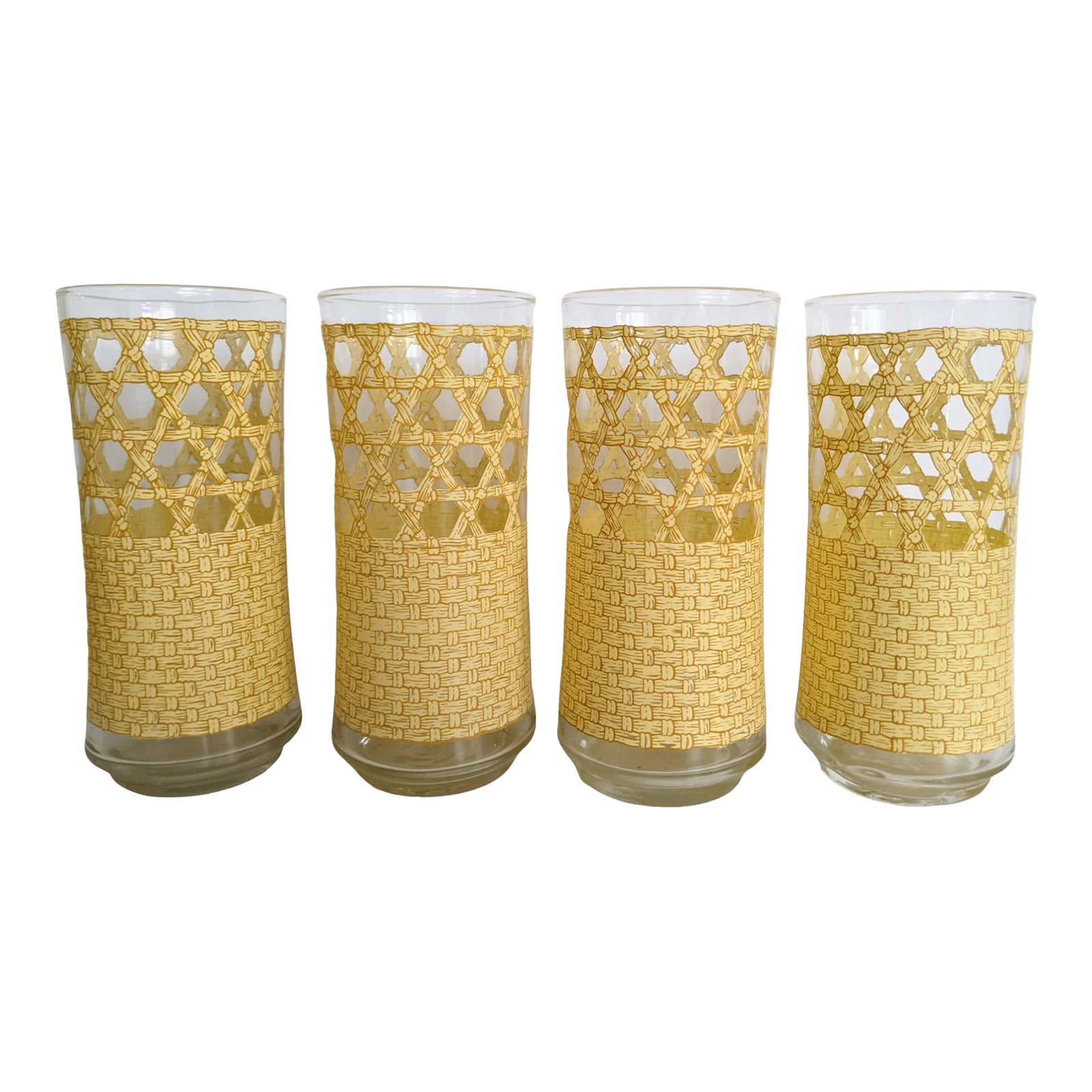 Vintage Yellow Rattan Woven Cane Design Drinking Glasses- Set of 4 ...