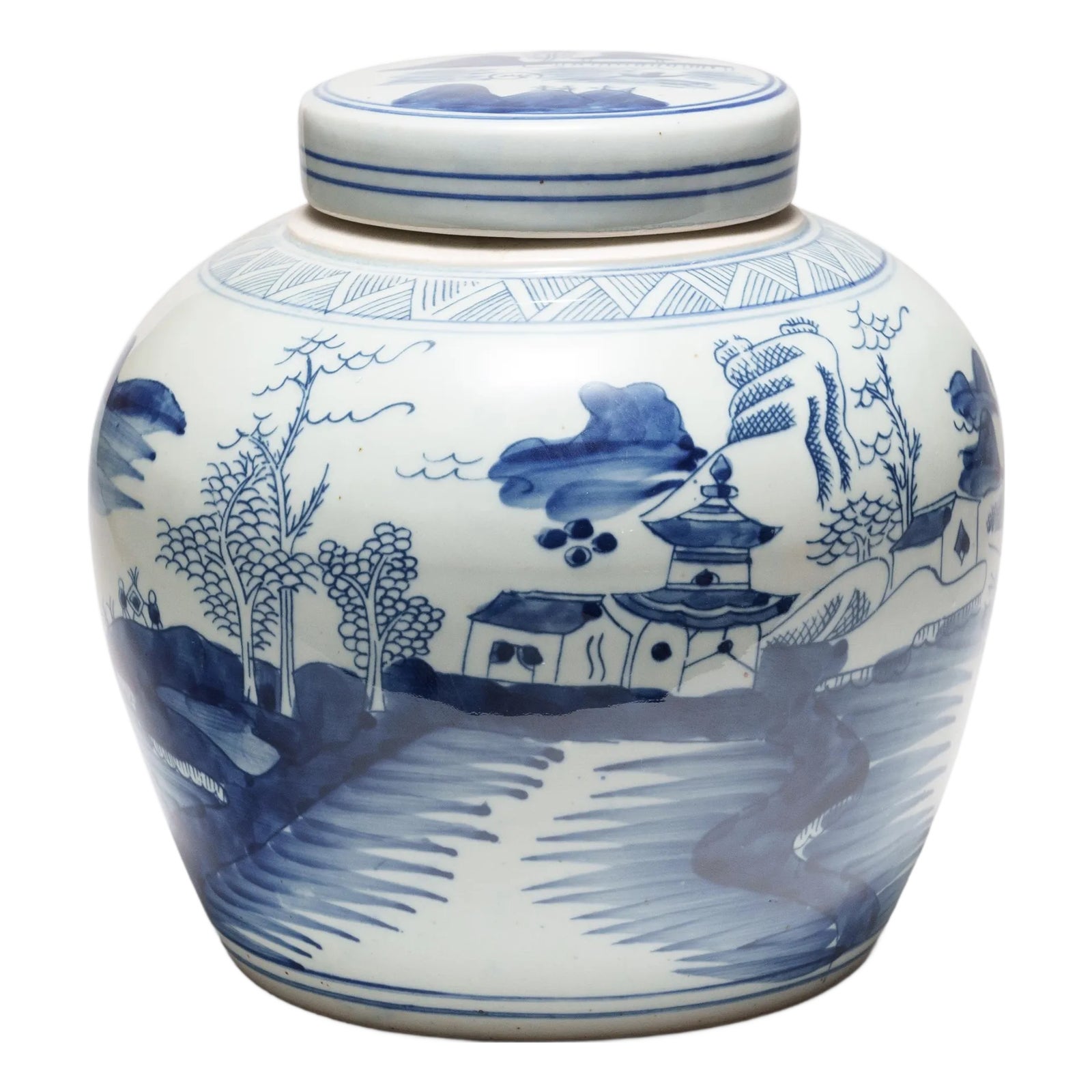 Blue & White Shan Shui Ginger Jar | Chairish