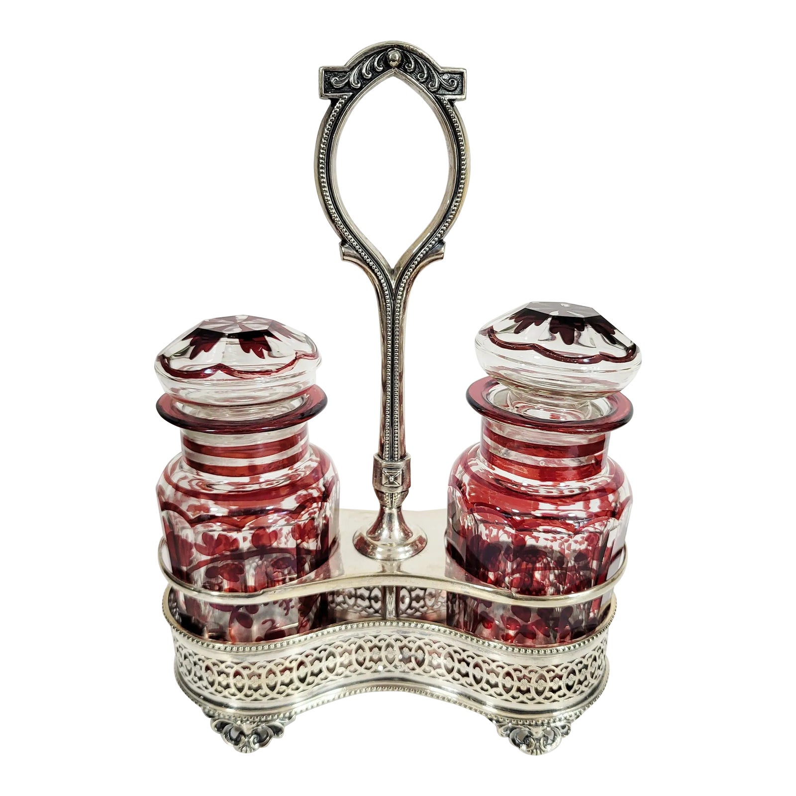 Antique English Jam Preserve Cruet Set W. Pair Ruby Glass Bottle Jars ...