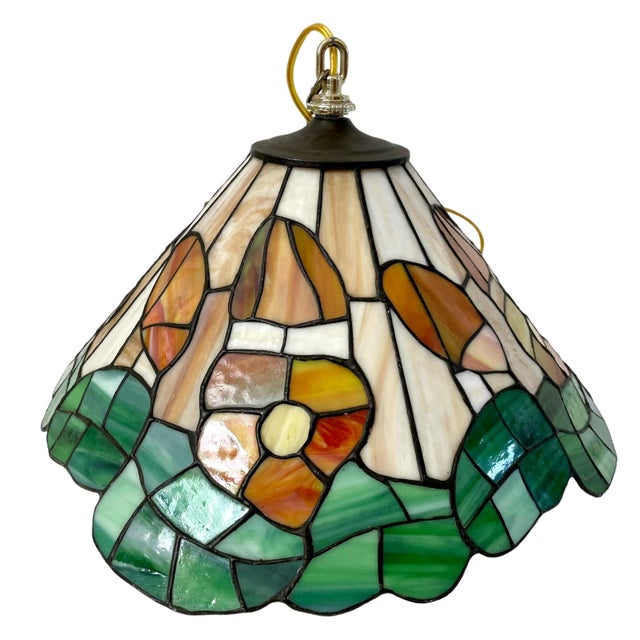 Mid Century Stained Glass, Pendant, Light With Orange, Green and Tan ...