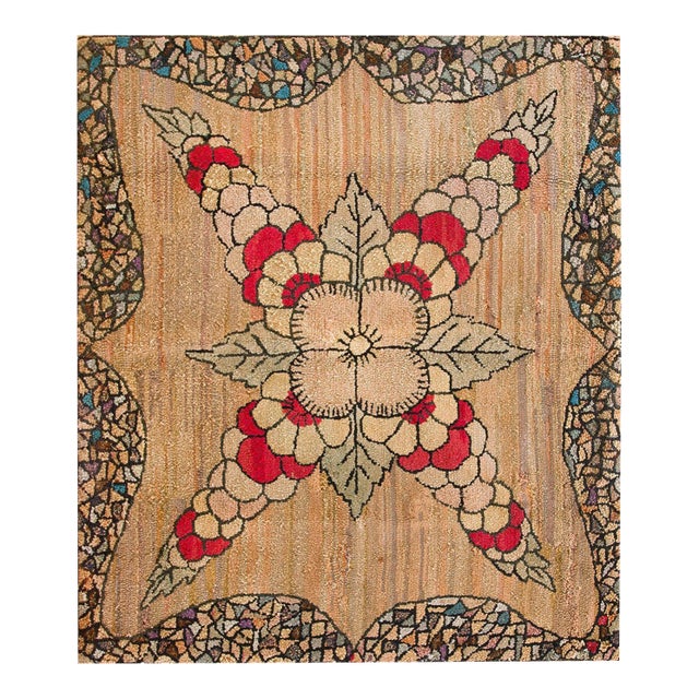 1930s Tan Camel Floral Medallion Antique American Hooked Hand Knotted ...