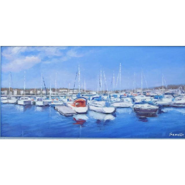 New England Nautical Coastal Sailboats Seascape Painting W/ Blue Frame ...