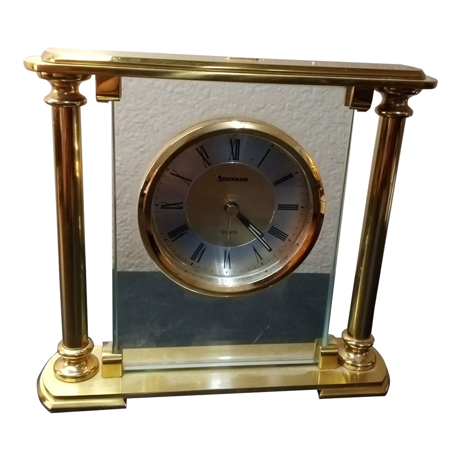 1980s Benchmark Brass & Glass Wide Mantle/Desk Clock | Chairish