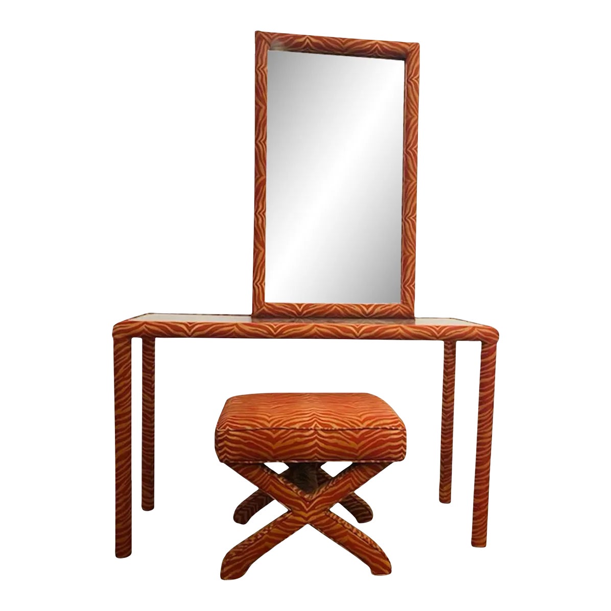 Late 20th Century Custom Zebra Fabric Design Mirror Console & X Stool ...