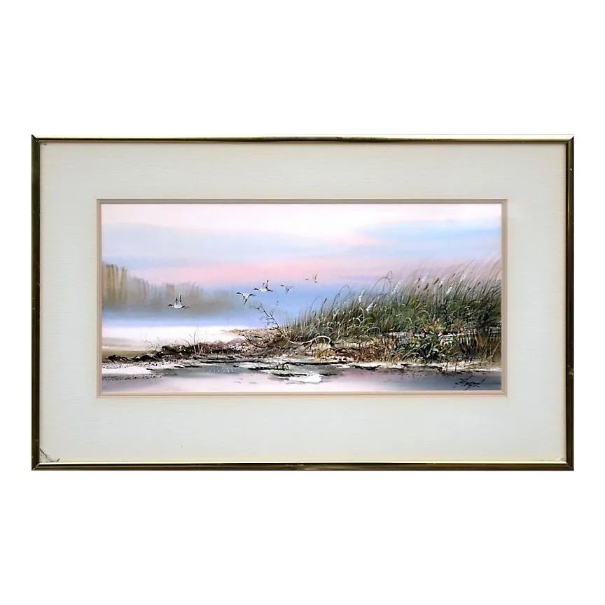 Mid 20th Century "Geese in Flight" Landscape Painting by Ead Surachai ...