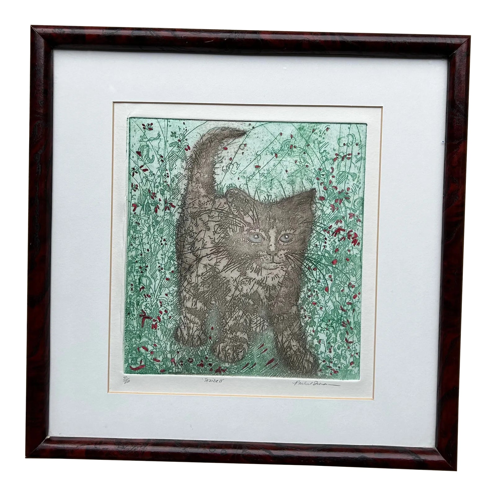 Original Hand Colored Etching of a Kitten in Tall Grass | Chairish