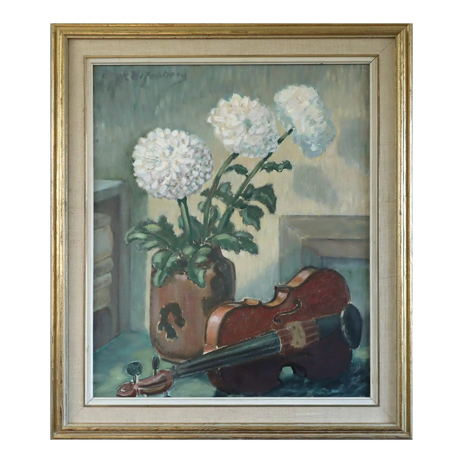 Mid-Century Modern 'Violin & Flowers' Original Swedish Expressive Still ...
