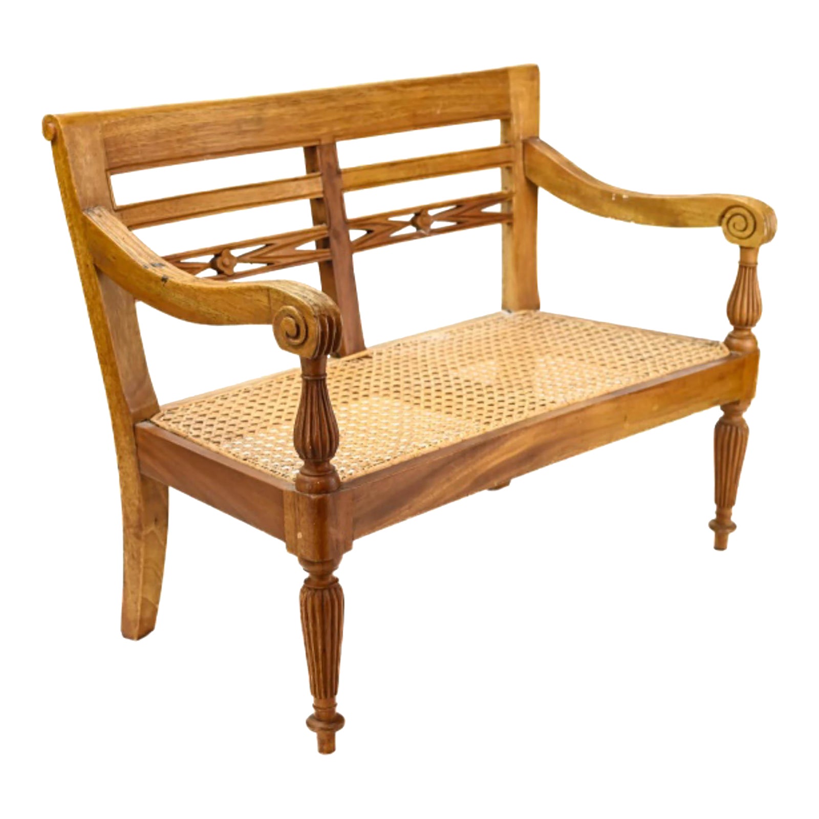 Vintage French Provincial Carved Pine Cane Child’s Bench | Chairish