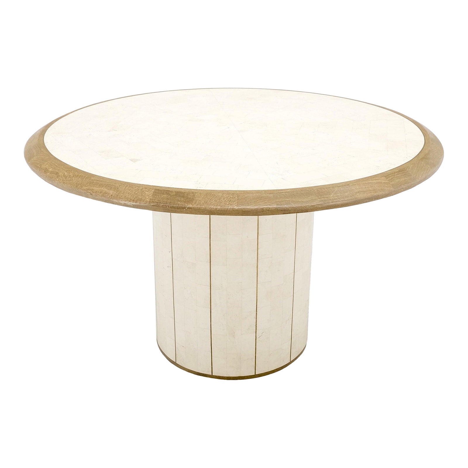 Round Travertine Tile Brass Inlay Cylinder Base Dining Conference Table ...