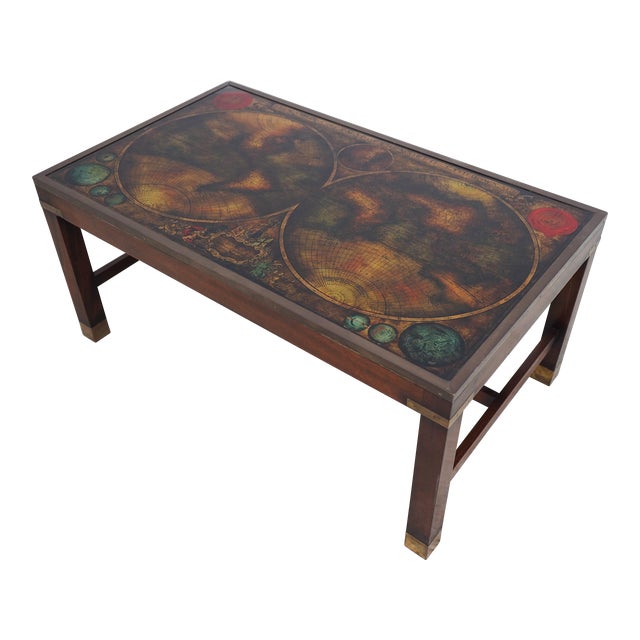 Campaign Style Reverse Painted Glass Top World Map Coffee Table | Chairish