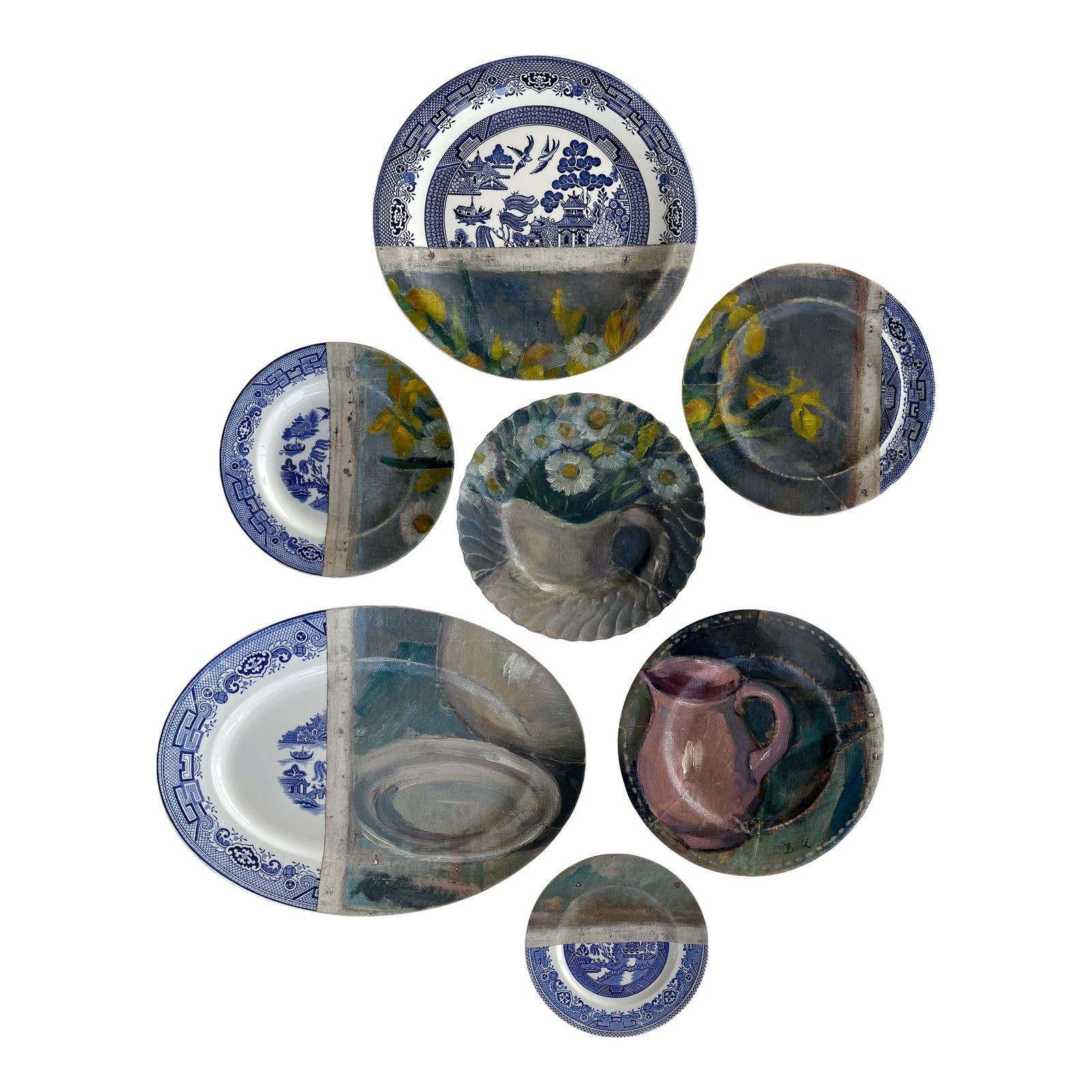 Wall Art Installation: Composition of Ceramic Plates and Oil on Canvas ...