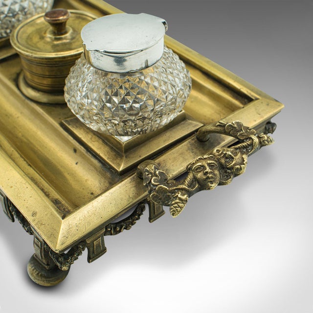 1900s Edwardian Antique Pen Tray, English, Brass, Silver Plate, Inkwell ...