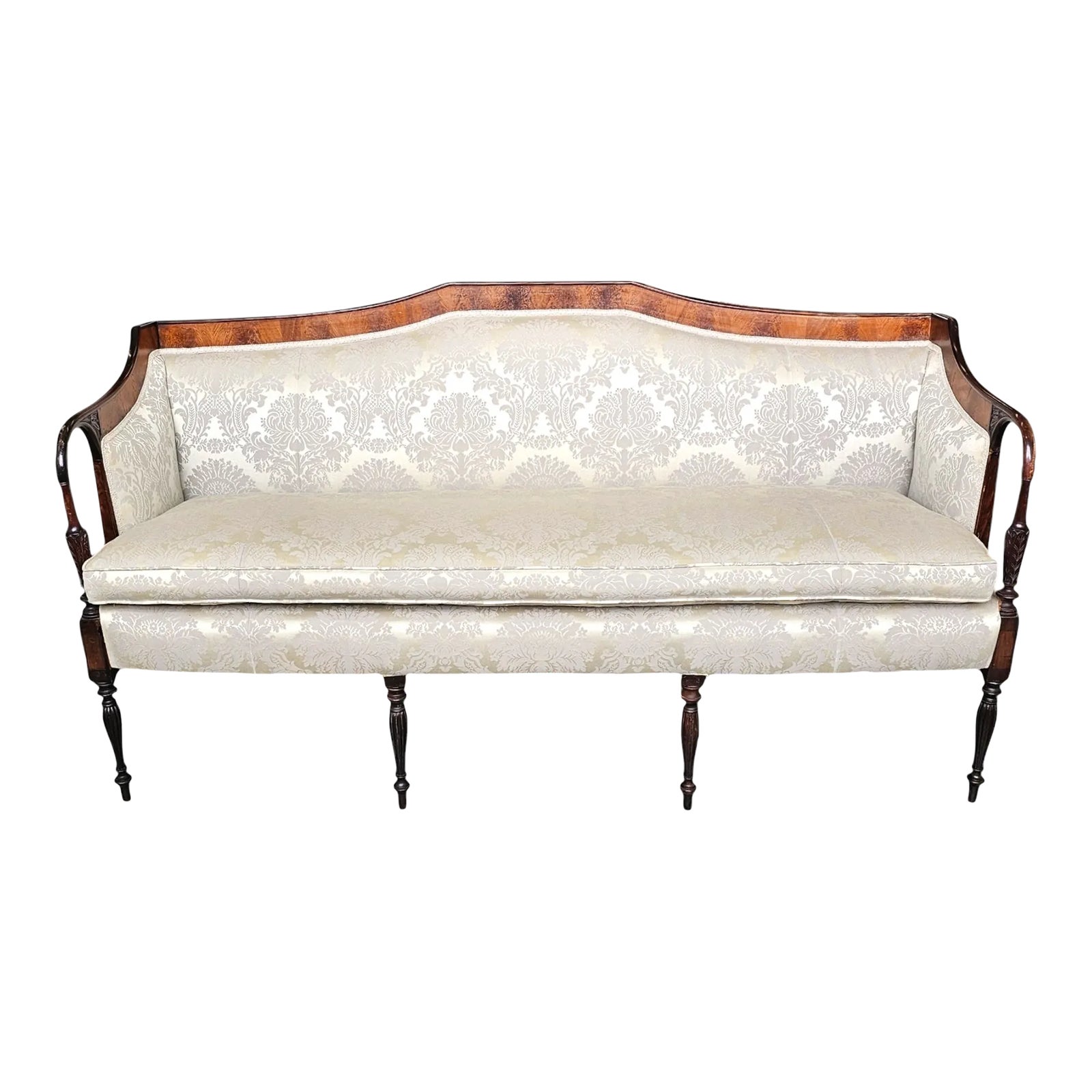 Federal Sheraton Style Mahogany Wood Silk Damask Sofa | Chairish
