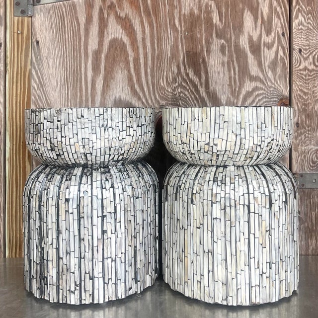 Vintage Boho Capiz Shell Low Stools - a Pair | Chairish