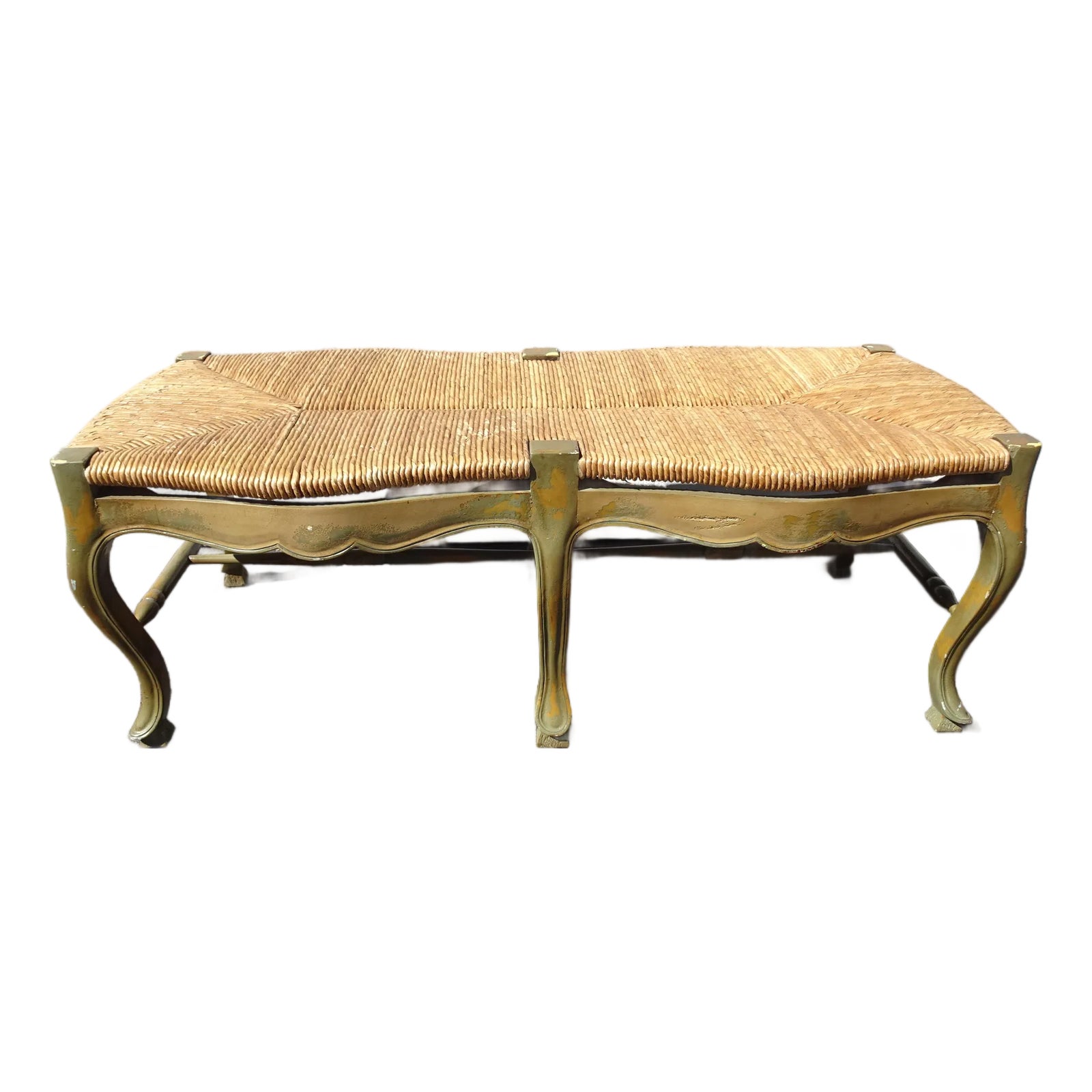Vintage French Country Green Rush Bench | Chairish