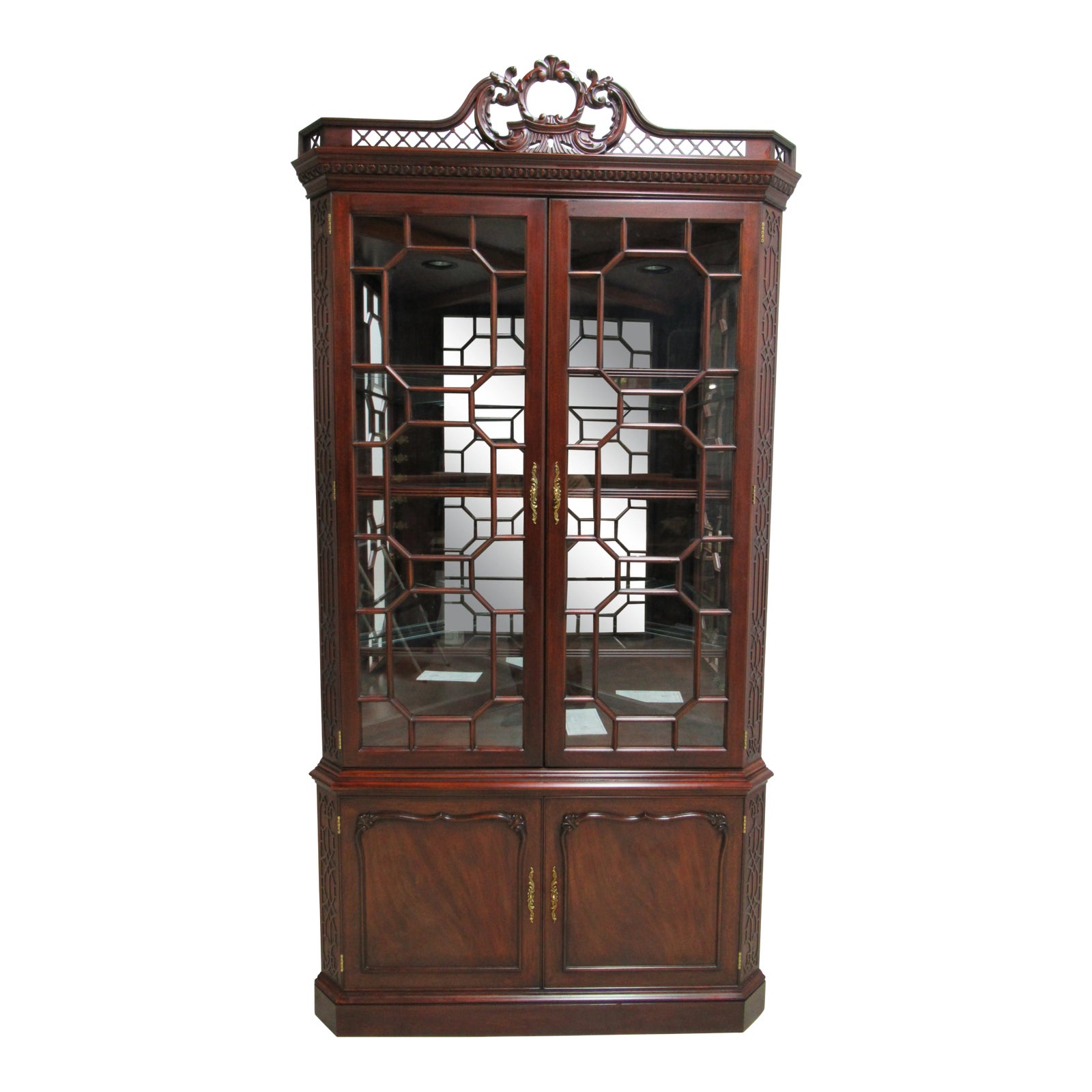 Henkel Harris Flame Mahogany Corner Cabinet Breakfront Hutch | Chairish