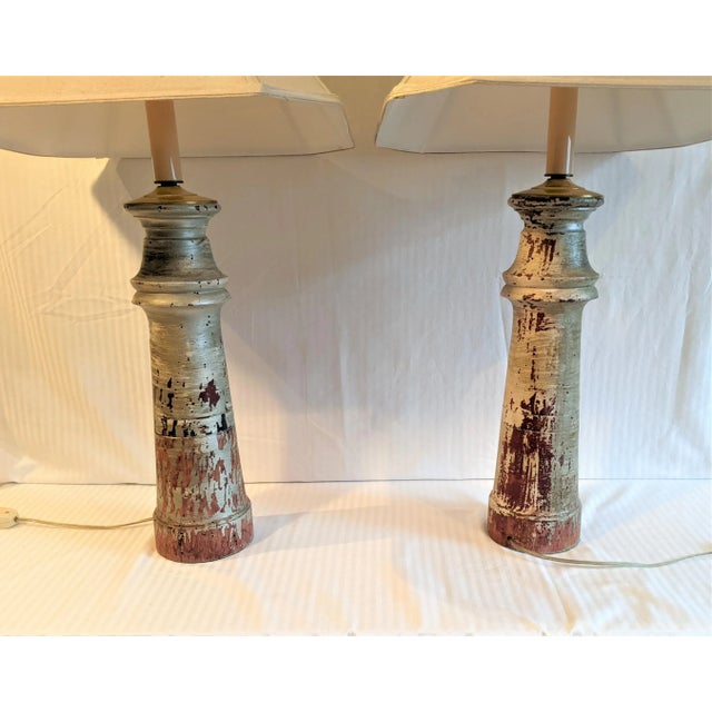 Pair of Wood Lamps Painted Silver, Distressed Finish, 1990's | Chairish