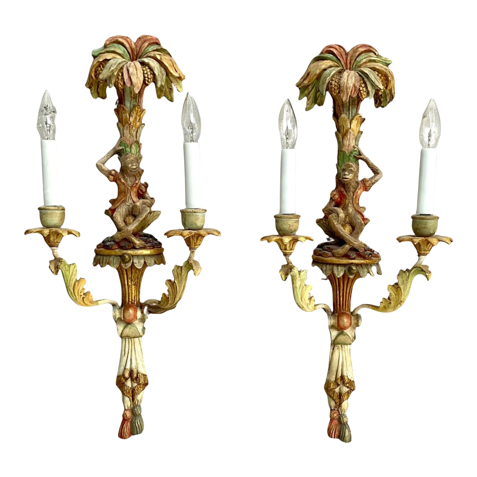 Pair of Vintage Painted Italian Carved Wood Monkey Wall Sconces | Chairish