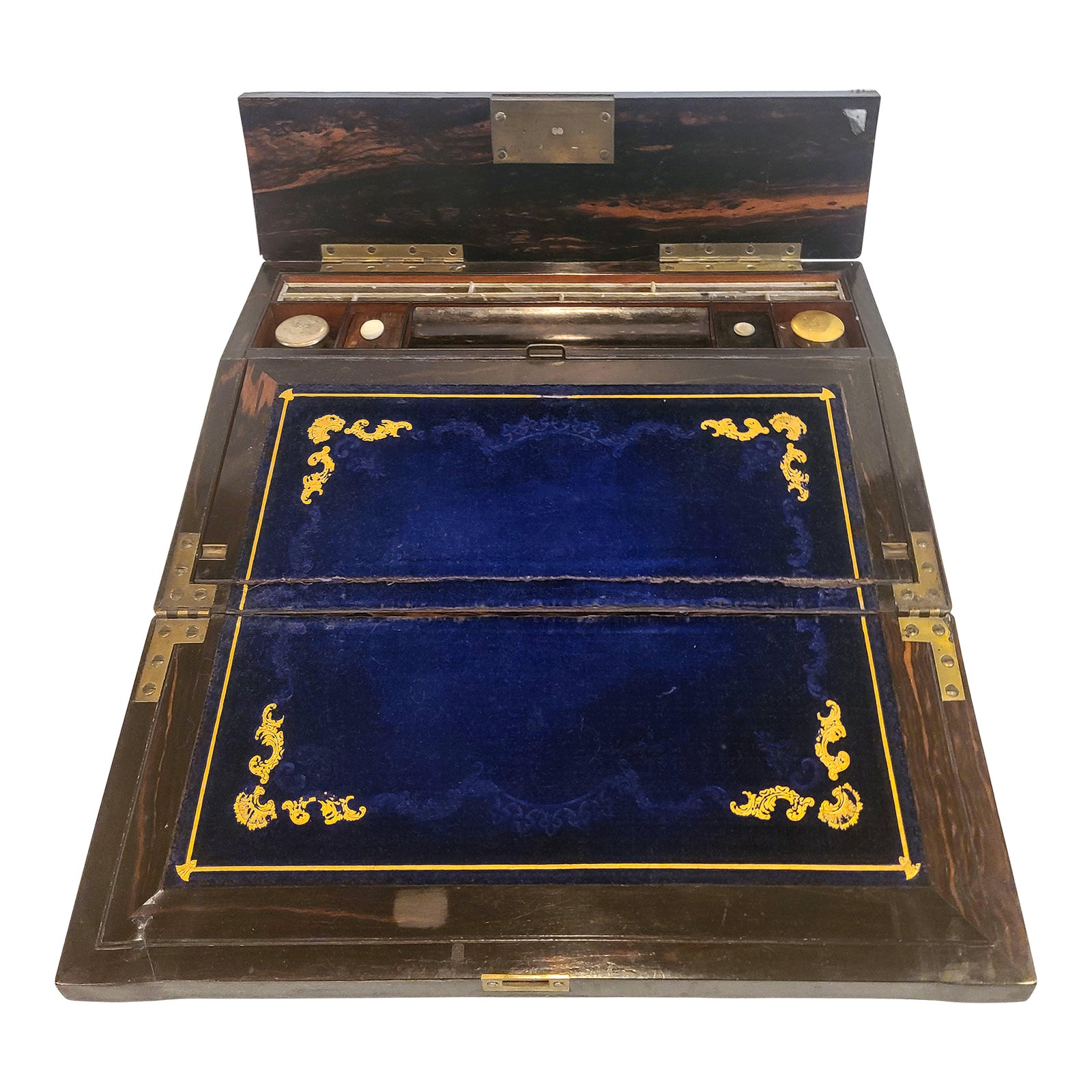 Antique Writing Slope Desk, Brass Hardware, Inkwells, Secret ...