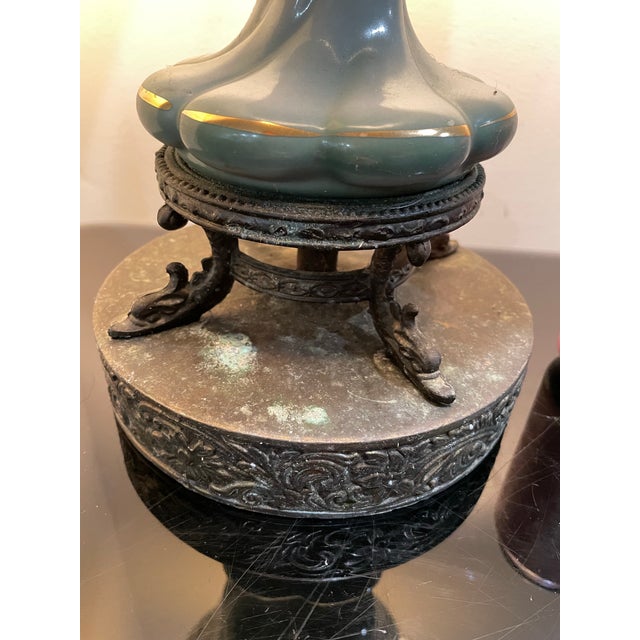 1930s Art Nouveau Hand-Painted Green Ceramic Table Lamp With Cast Metal ...