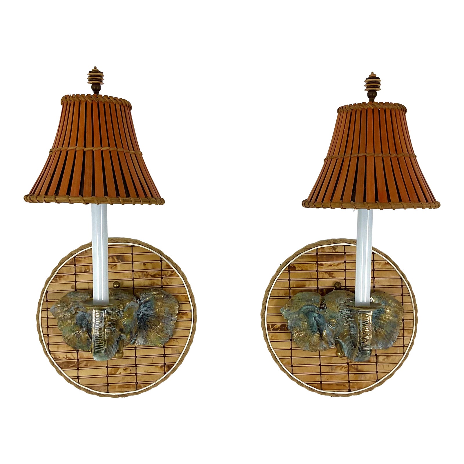 Solid Brass and Bamboo Elephant Sconces With Bamboo Shades - a Pair ...