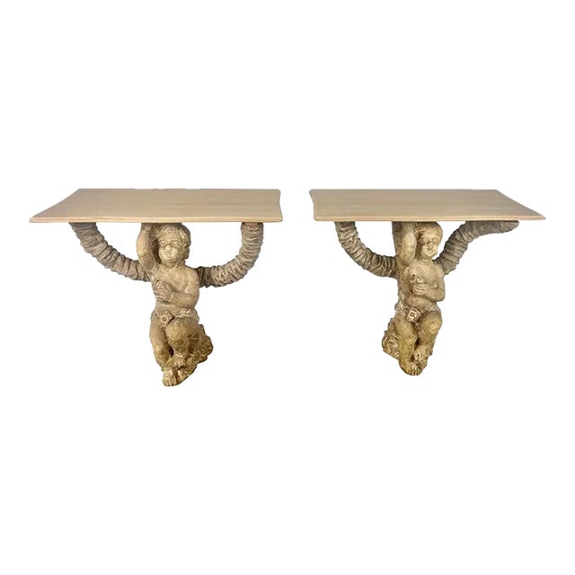 Pair of Carved Wood Cherub Consoles C. 1900's | Chairish