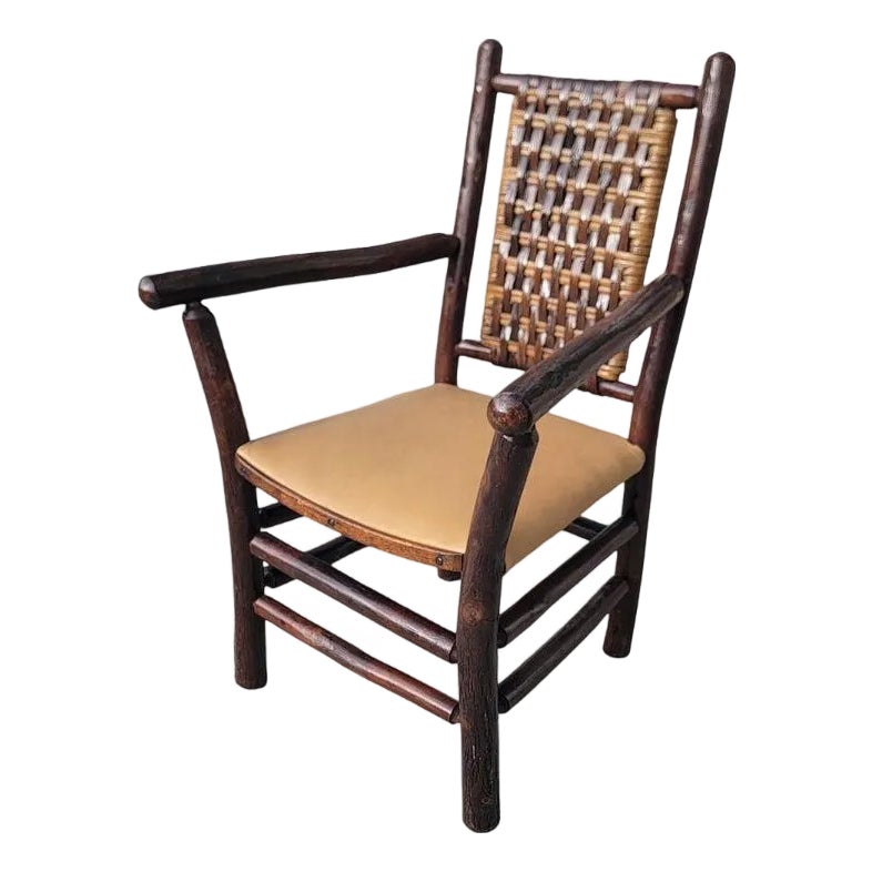 Old Hickory Arm Chair W/ Leather Seat & Rattan Backing | Chairish