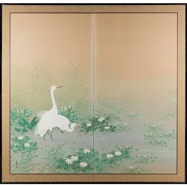 Early 20th Century "Egrets Amongst Lotuses" Byobu Screen | Chairish