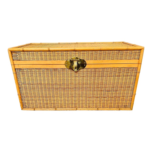 1980s Vintage Tan Rattan Trunk With Bamboo Trim | Chairish