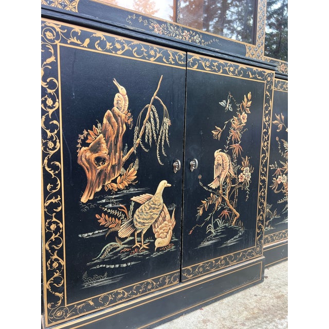 Vintage Drexel Heritage ‘Et Cetera’ Asian Chinoiserie Black Lacquered China Cabinet/ Breakfront ...