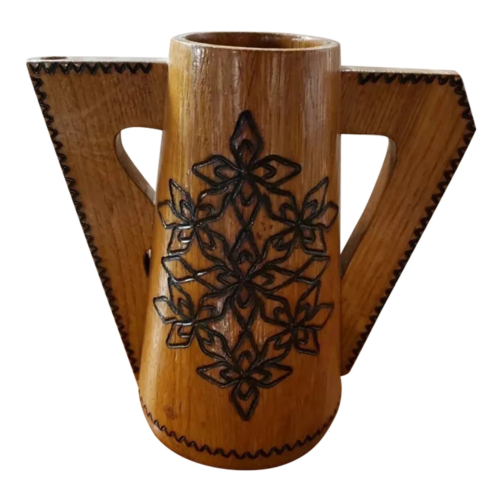 Vintage Wooden Puzzle Jug Pitcher With Handles & Floral Motifs | Chairish