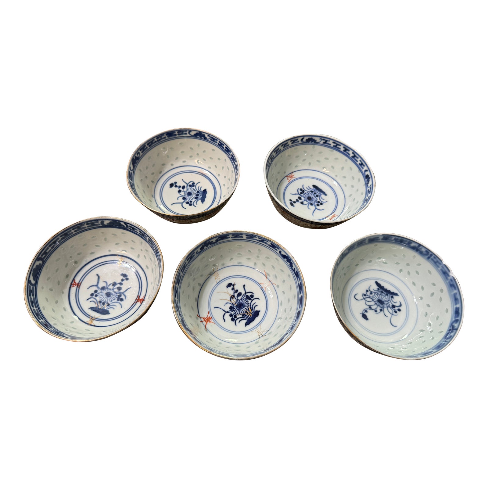 Early 20th Century Chinese Translucent Rice Grain Porcelain Bowls- Set ...