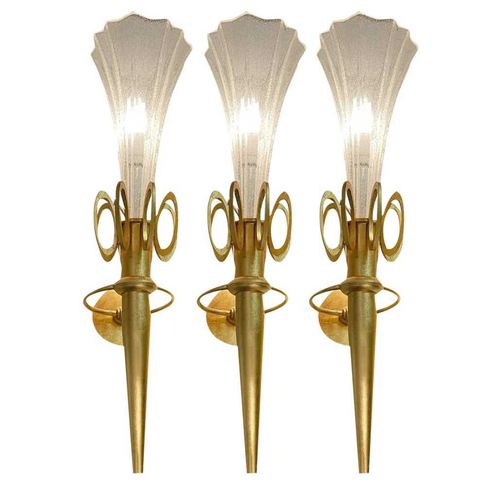 Large Gold Gilded Murano Glass Sconces, Set of 3 | Chairish