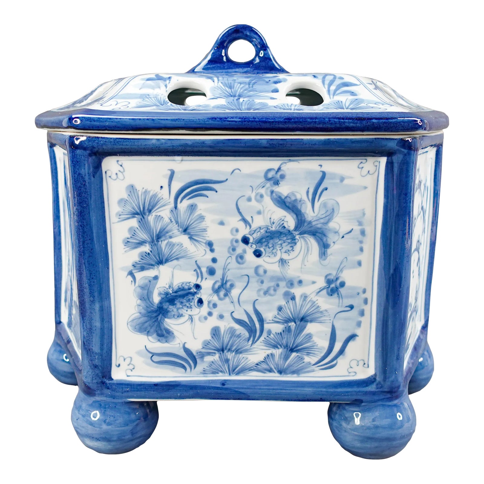 Maitland Smith Large Blue & White Porcelain Koi Fish Hexagonal Flower Frog Box | Chairish