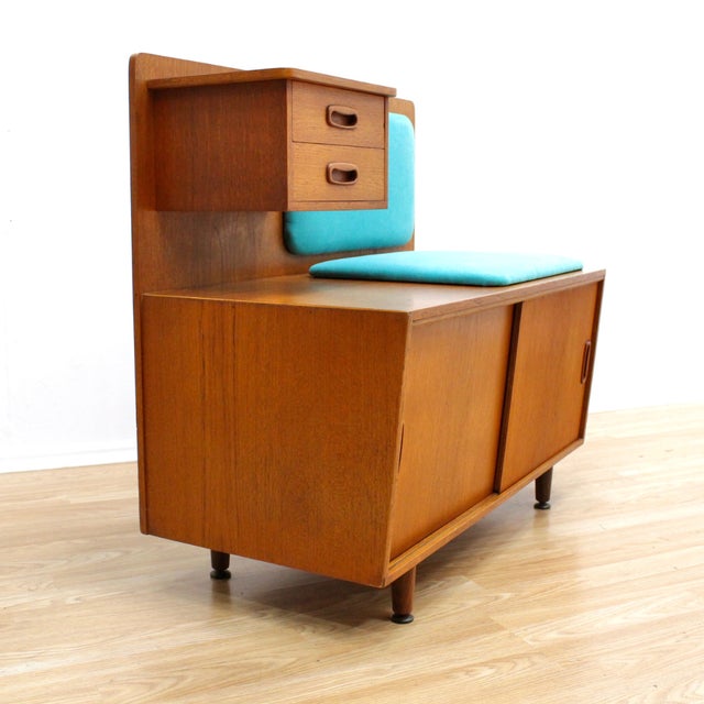 1960s Mid Century Teak Entryway Bench in Teal | Chairish