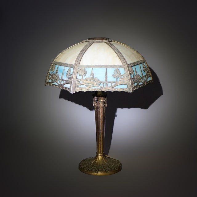 Antique Arts & Crafts Two-Tone Slag Glass Table Lamp, Scenic with ...
