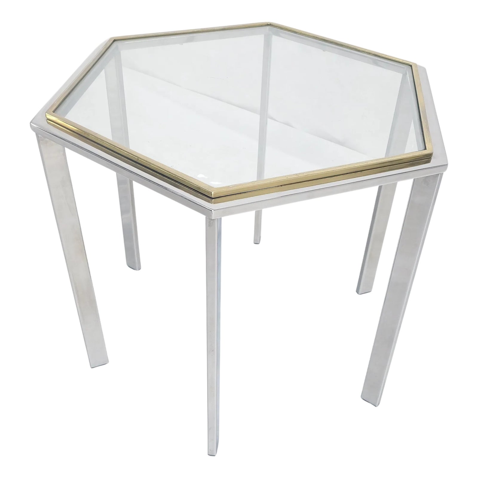Hexagon Shape Chrome Brass & Glass 22" Tall Occasional Side Table Stand ...