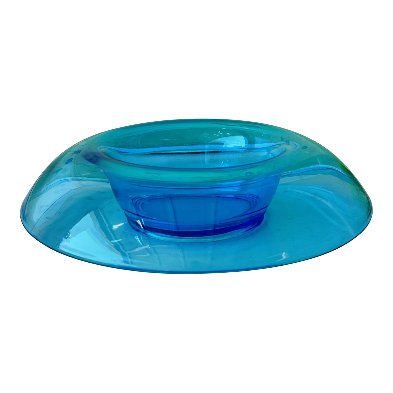 Mid-Century Modern Teal Glass Waterfall Bowl | Chairish