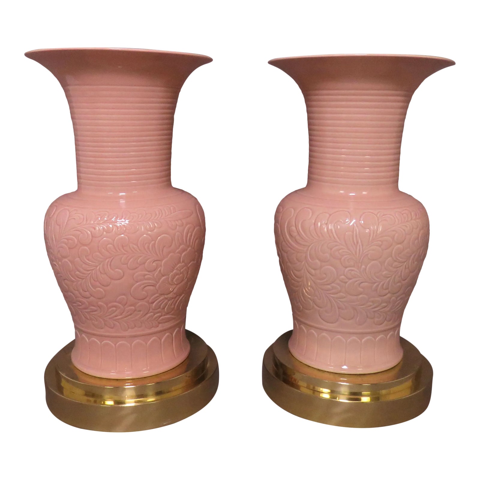 C. 1980s Hollywood Regency Style Palace Floor Vases on Brass Stands - a ...