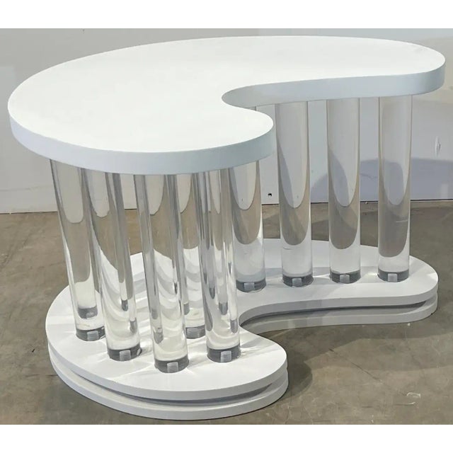 Modern White Lacquer & Lucite Column Boomerang Side Tables - a Pair | Chairish