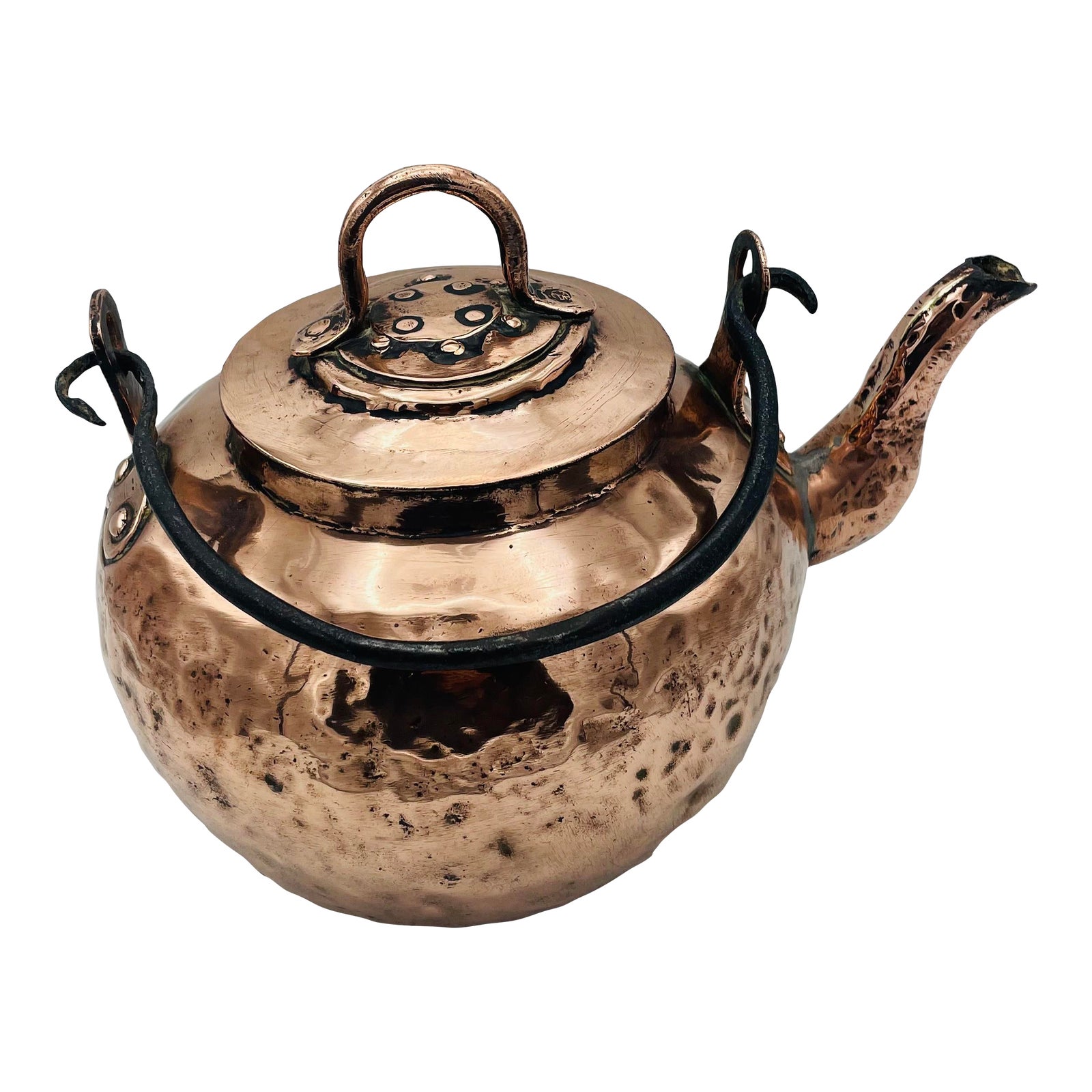 Antique Hammered Copper Kettle With Iron Handle | Chairish