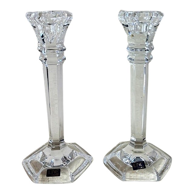 Vintage Pair of Crystal Taper Candlestick Holders | Chairish