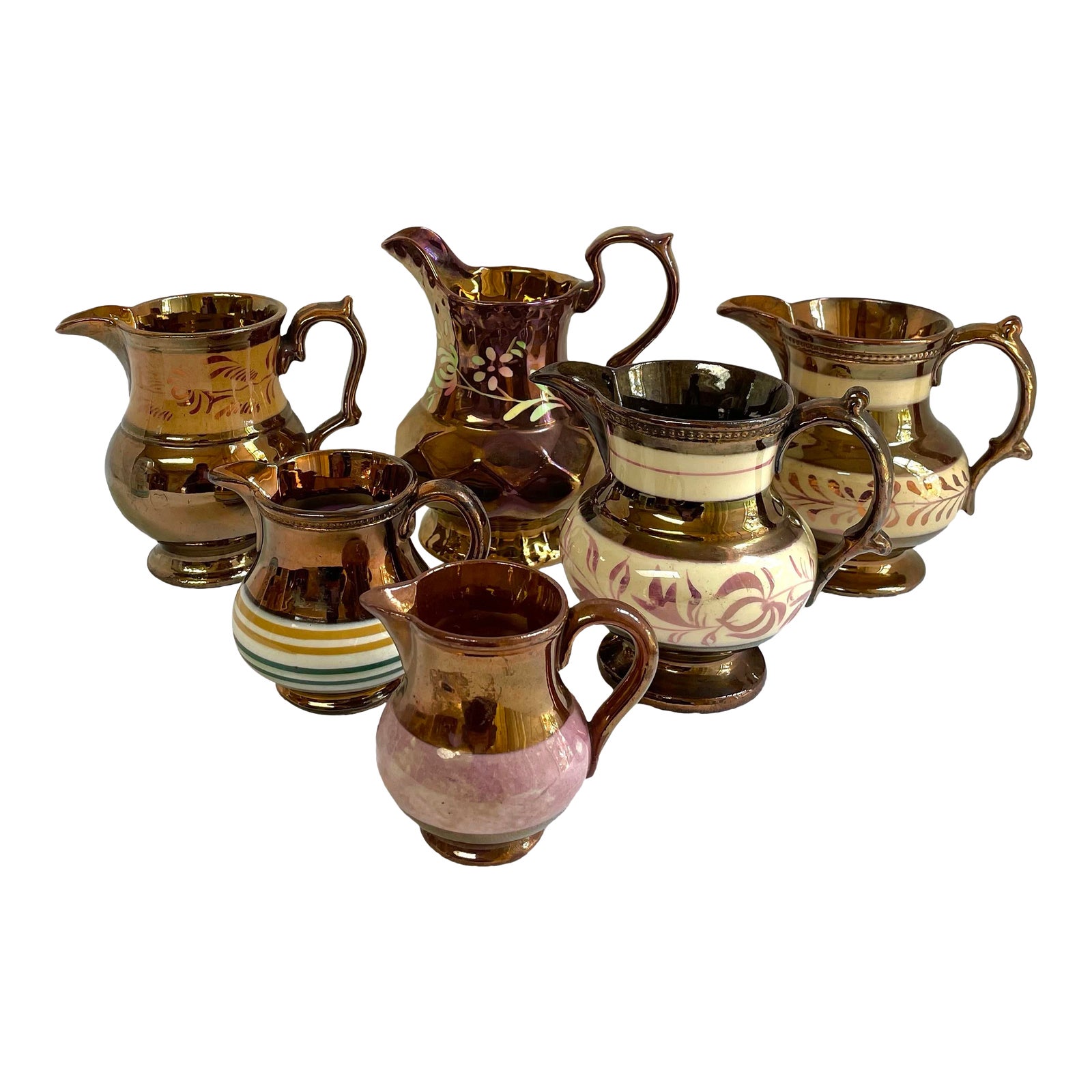 Antique English Lusterware Pitchers - Set of 6 | Chairish