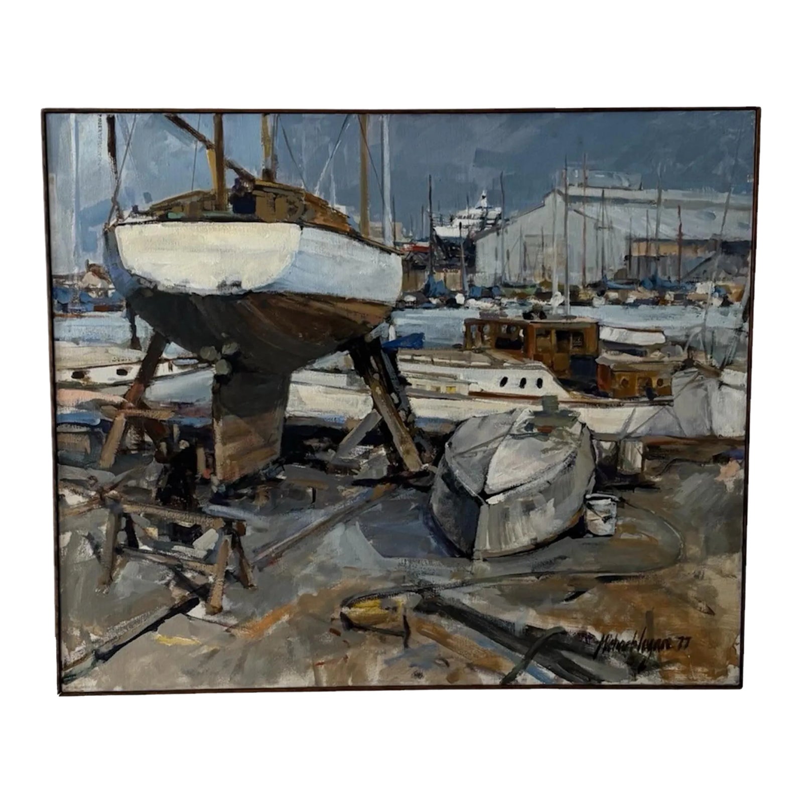 1970s Oil Painting of Sailboat in Drydock at Seattle Shipyard. Ballard ...