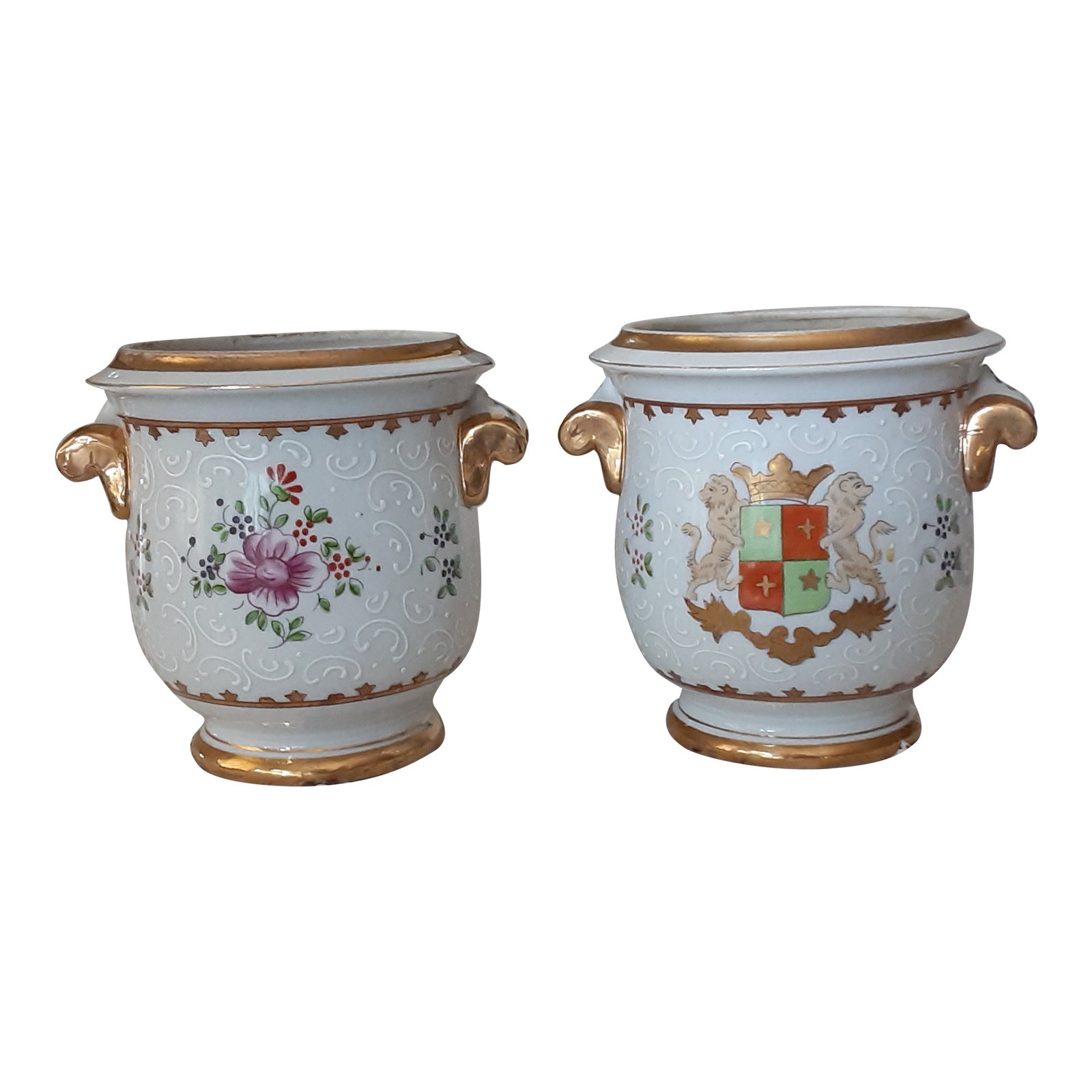 Pair 19th Century Paris Porcelain Dual Sided Cache Pots | Chairish