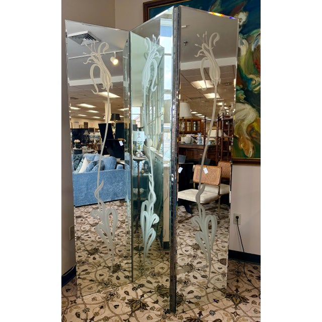 Art Nouveau Etched Three Panel Mirrored Screen Room Divider | Chairish
